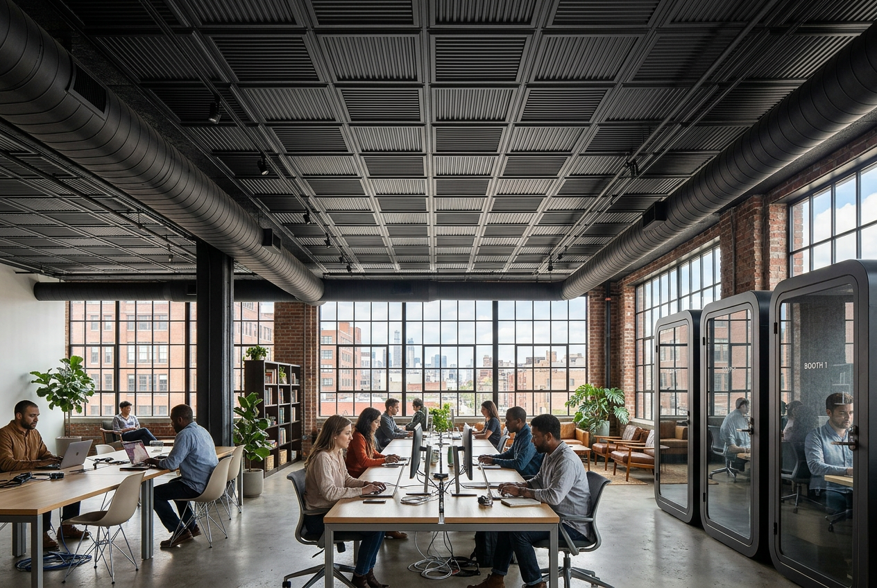 Modern office workspace with large windows and decorative ceiling roof